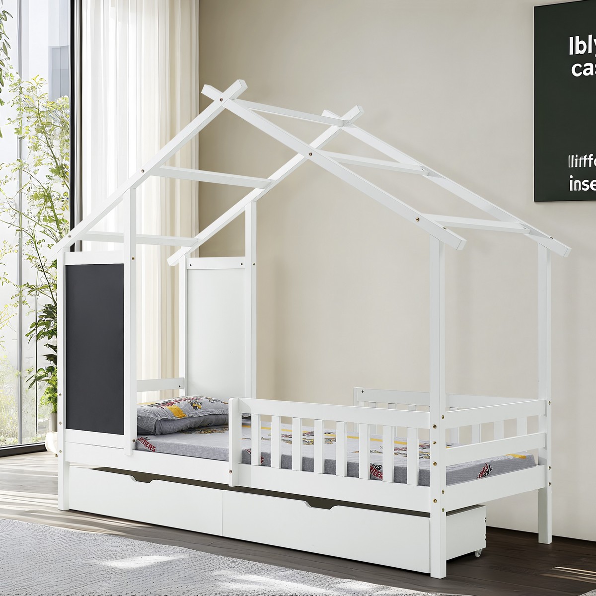 BOOKA מיטת ילדים עם מגירות אחסון מעקה בטיחות מזרן ולוחות כתיבה TUDO ...